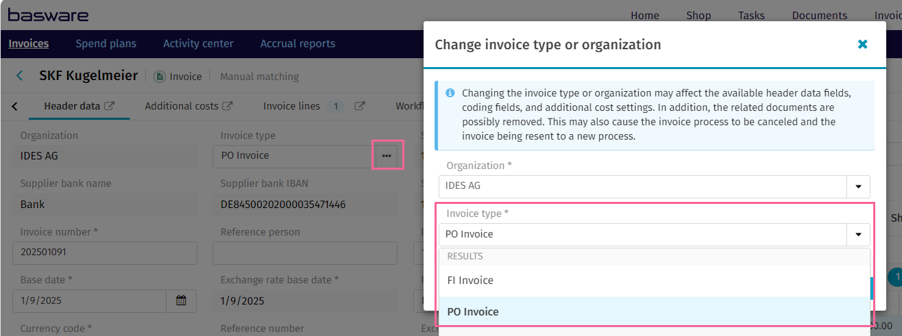 Enable changing invoice type for matched invoices